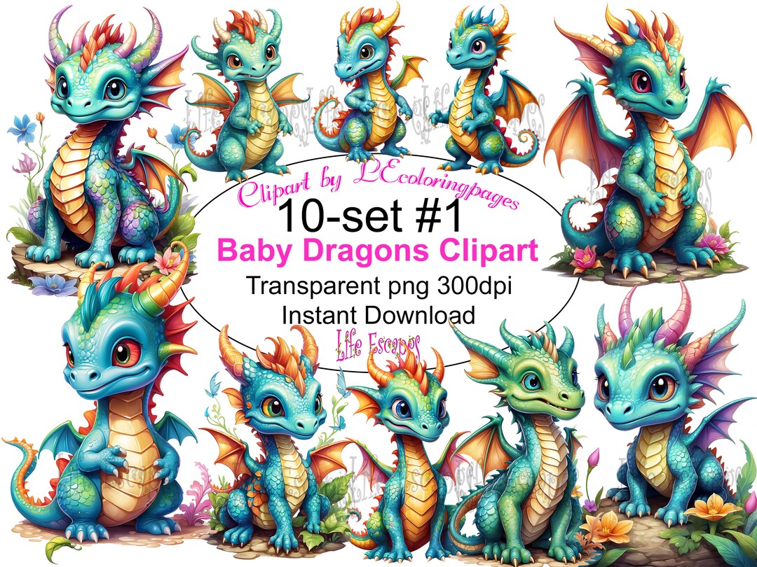 Printable Cute Baby Dragons Clipart Set - Set #1, PNG, Commercial Use ...