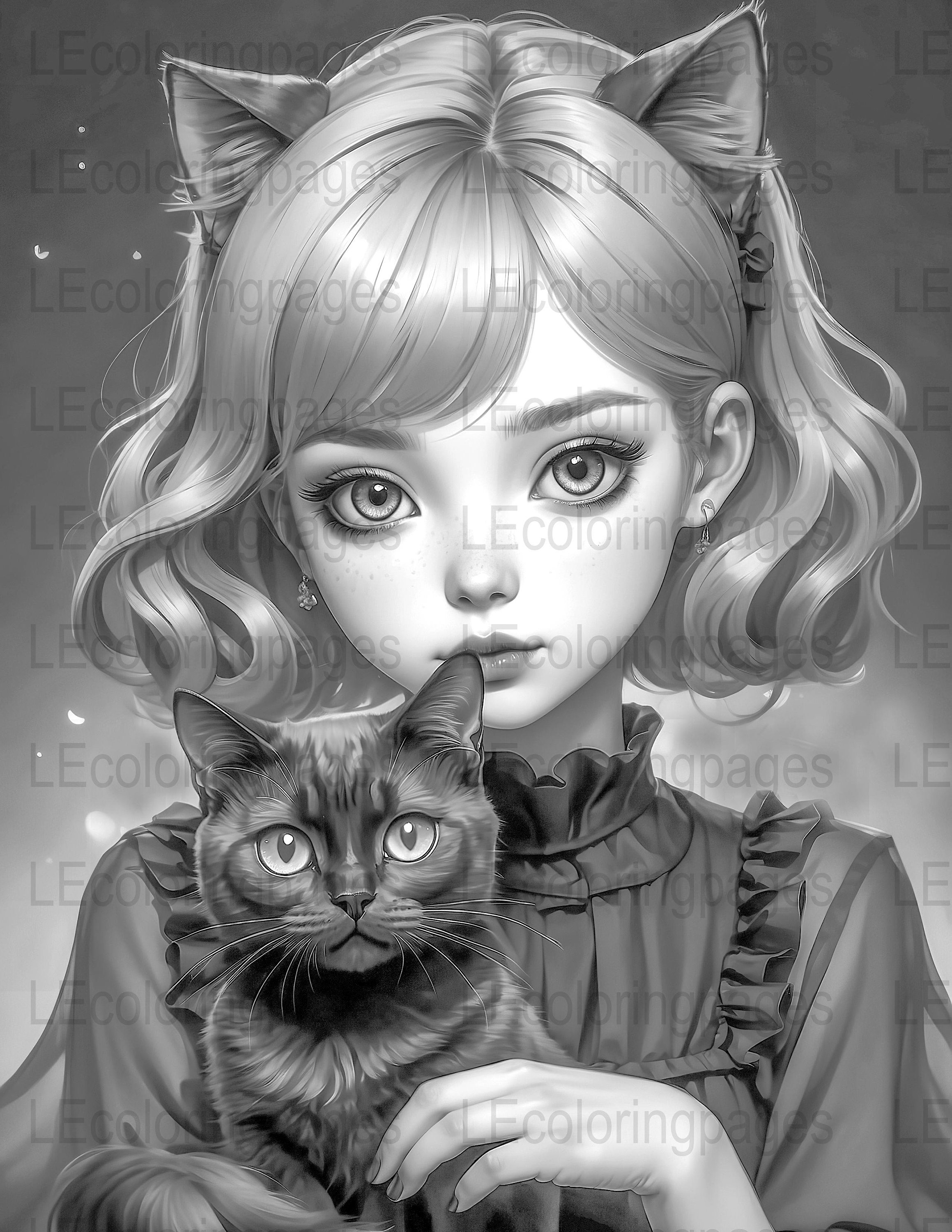 Gothic Cat Girl Grayscale Coloring Page for Adults 44 Instant Download ...