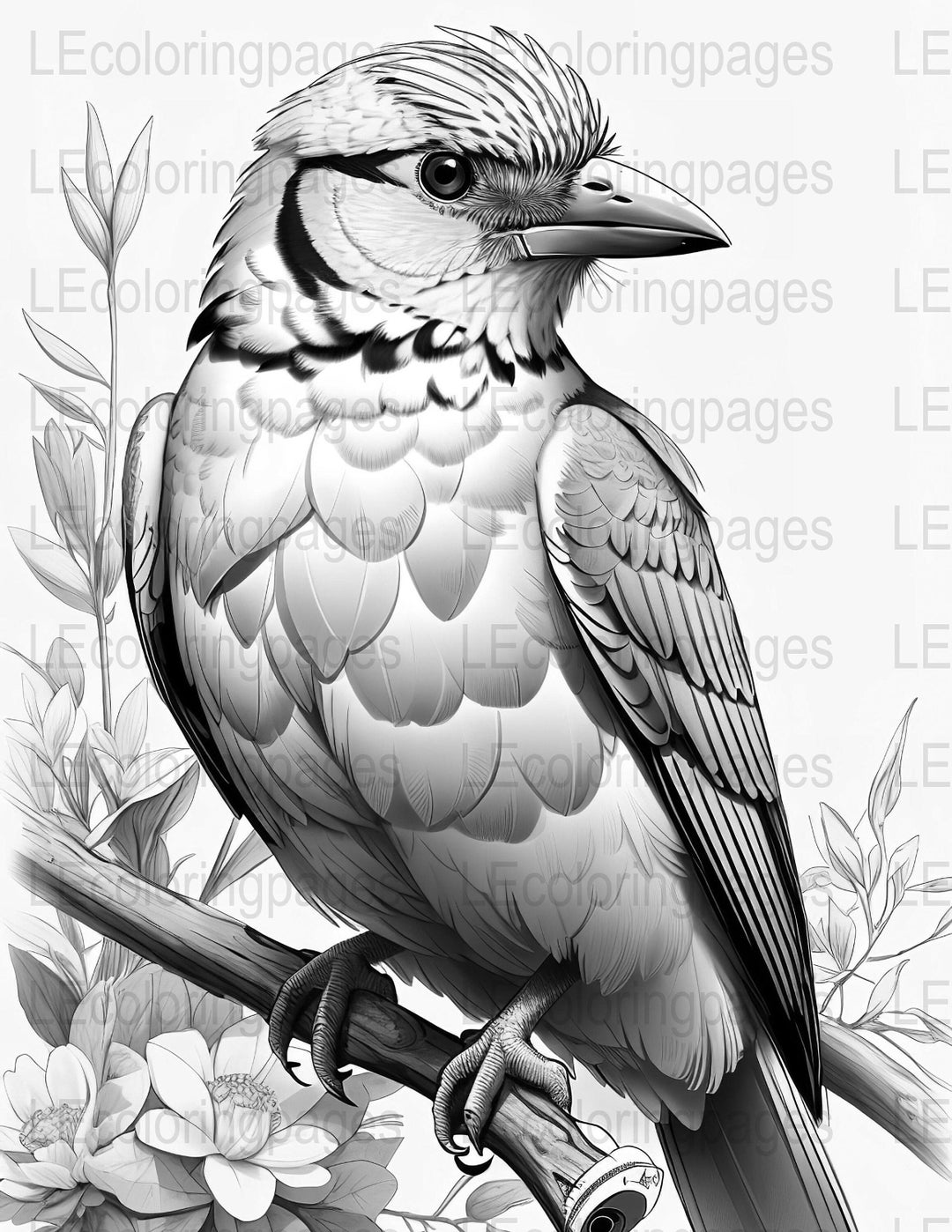 Adult Coloring Page Grayscale Bird, Printable Detailed Line Art, Nature ...
