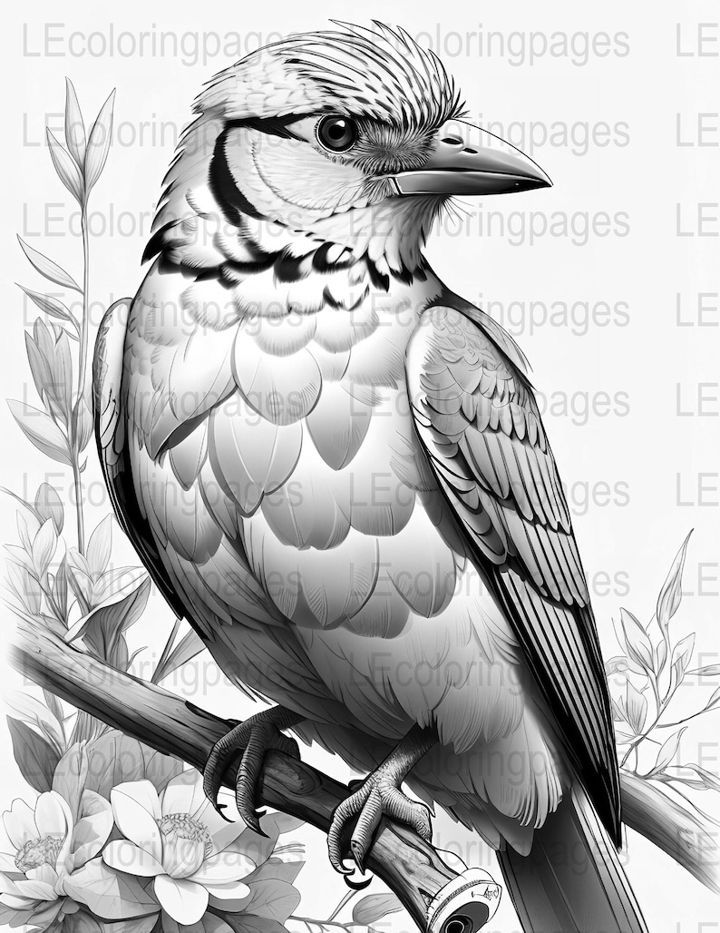 Adult Coloring Page Grayscale Bird, Printable Detailed Line Art, Nature ...