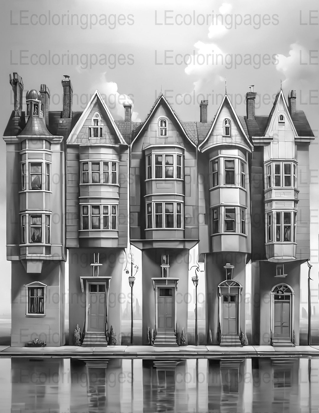 Grayscale Victorian Tall Houses Coloring Page, Printable Adult Stress ...