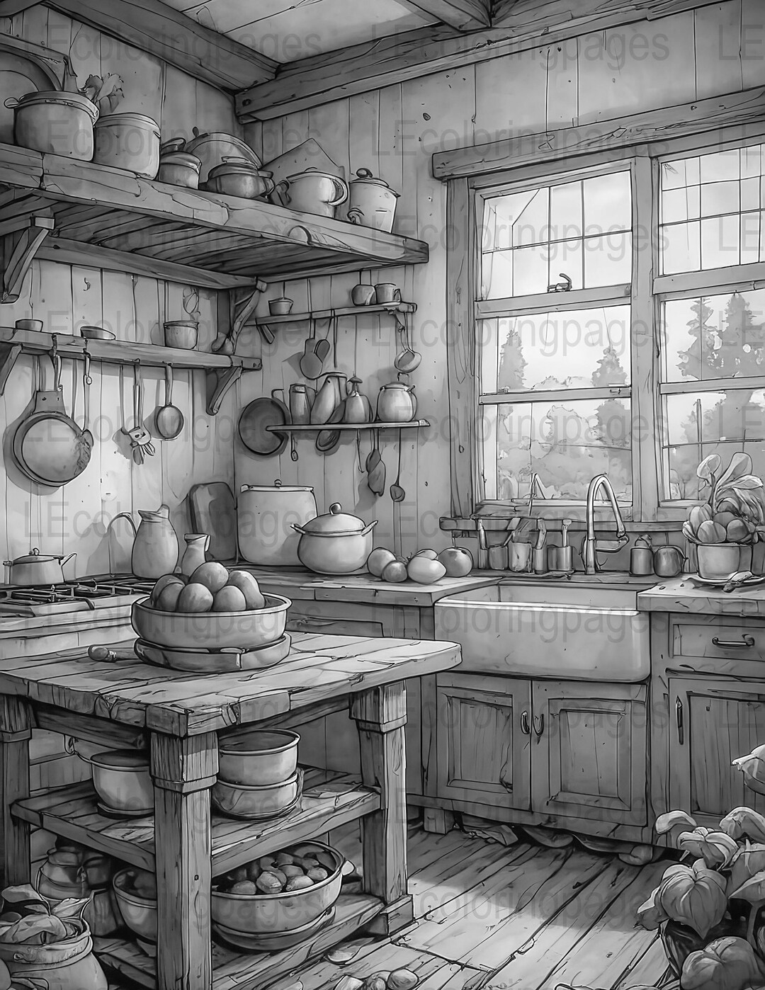 Rustic Kitchen Interior Adult Coloring Page, Vintage Grayscale Cottage ...