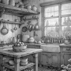 Rustic Kitchen Interior Adult Coloring Page, Vintage Grayscale Cottage ...