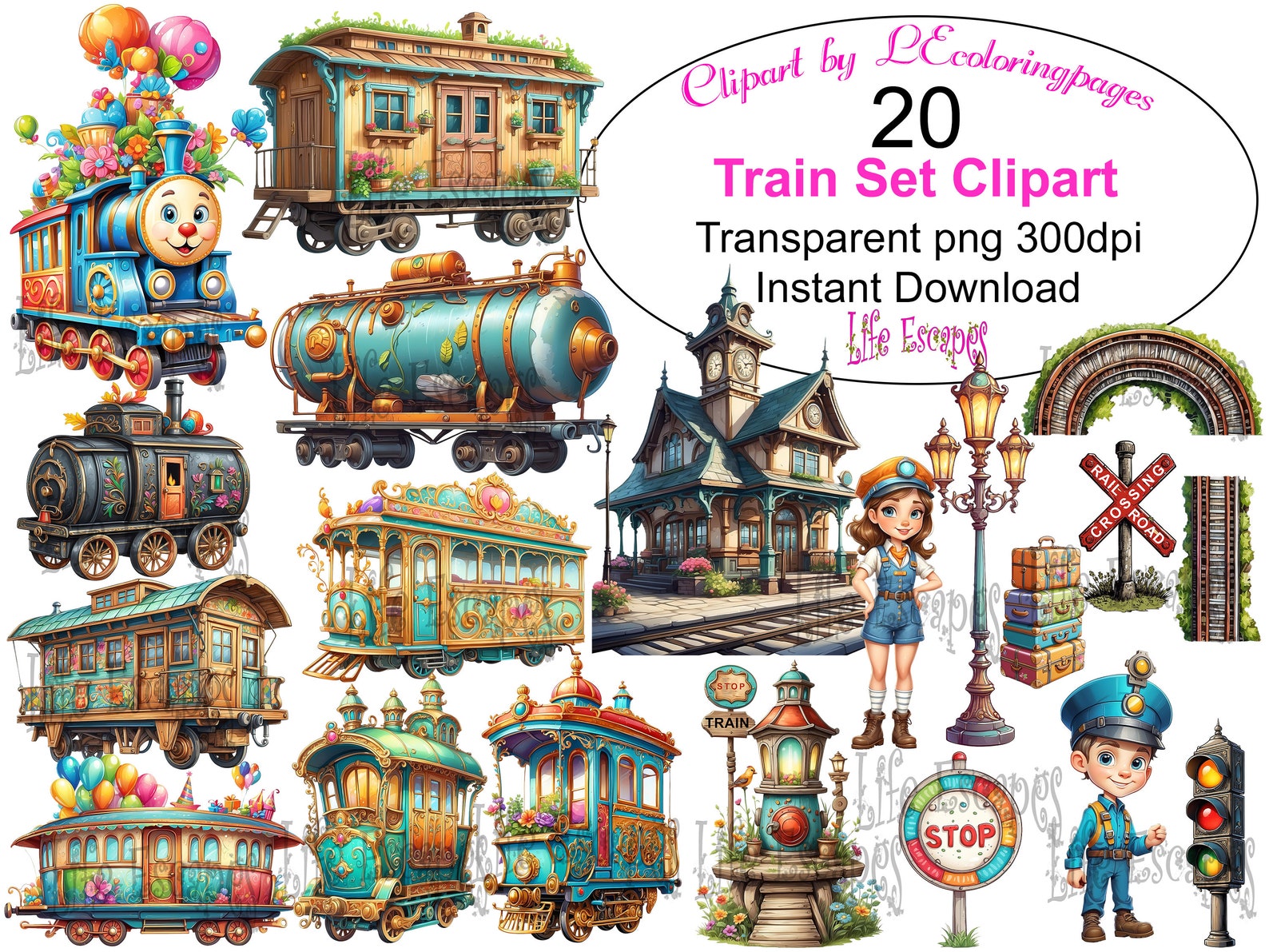 Train Clipart Set, Cute Locomotives and Carriages, Digital Download ...