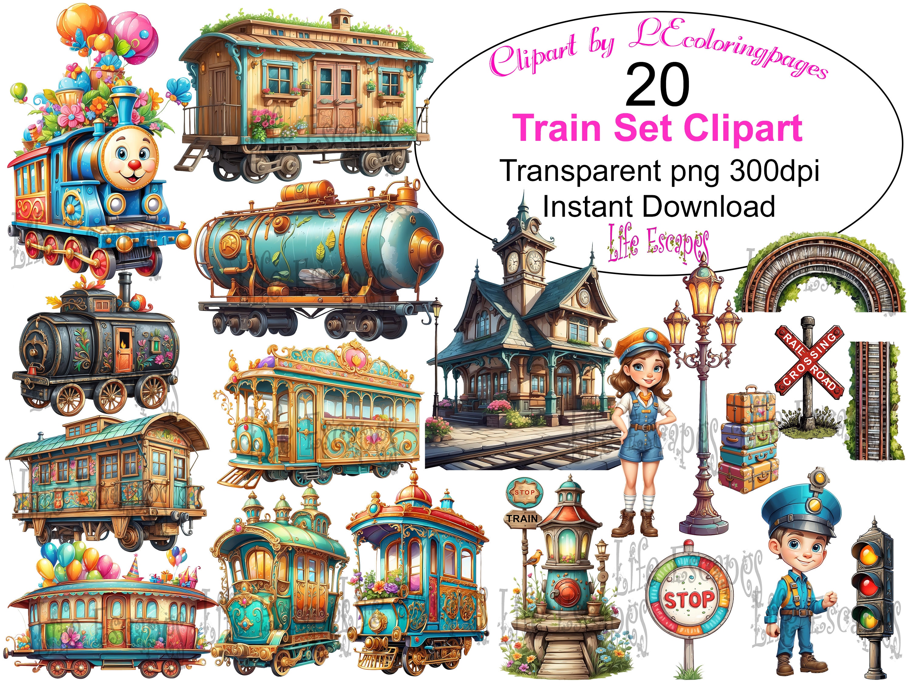 Train Clipart Set, Cute Locomotives and Carriages, Digital Download ...