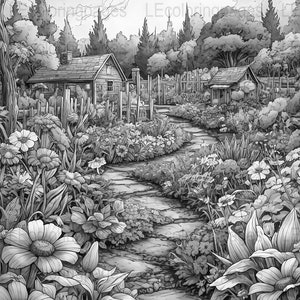 Grayscale Garden Path Printable Coloring Page for Adults, Adult ...
