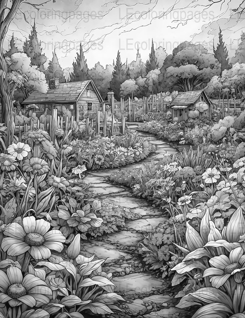 Grayscale Garden Path Printable Coloring Page for Adults, Adult ...