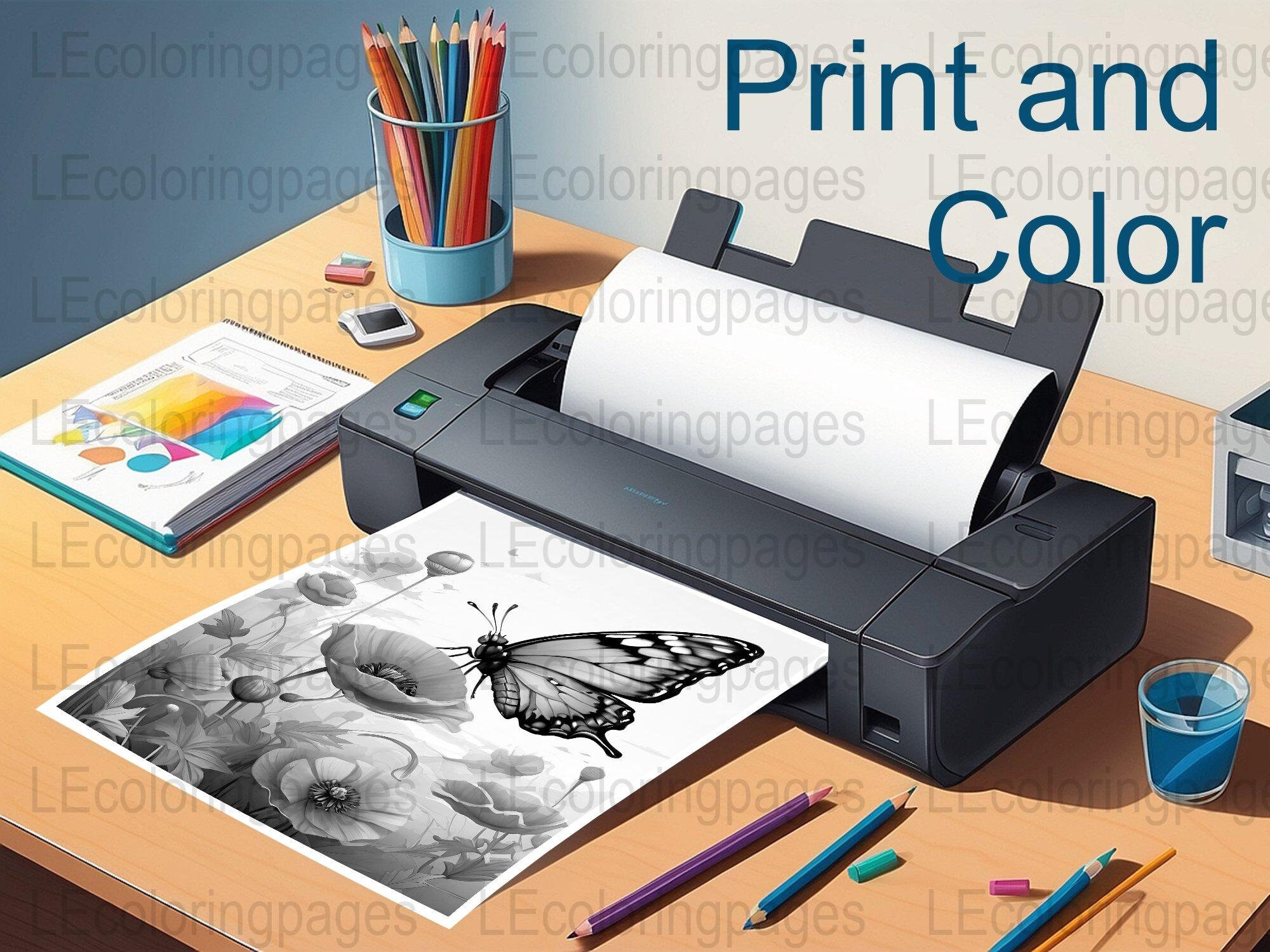 Adult Coloring Page Grayscale Butterfly and Flowers, Printable PDF ...