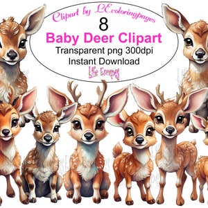 Baby Deer Clipart Set, 8 Cute Fawn Images, Transparent PNG, Commercial ...