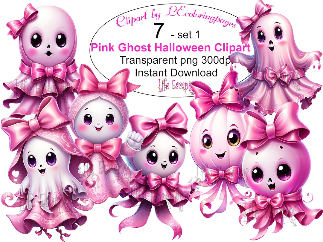 Pink Ghost Halloween Clipart Set, Cute Spooky Digital Art, Commercial ...