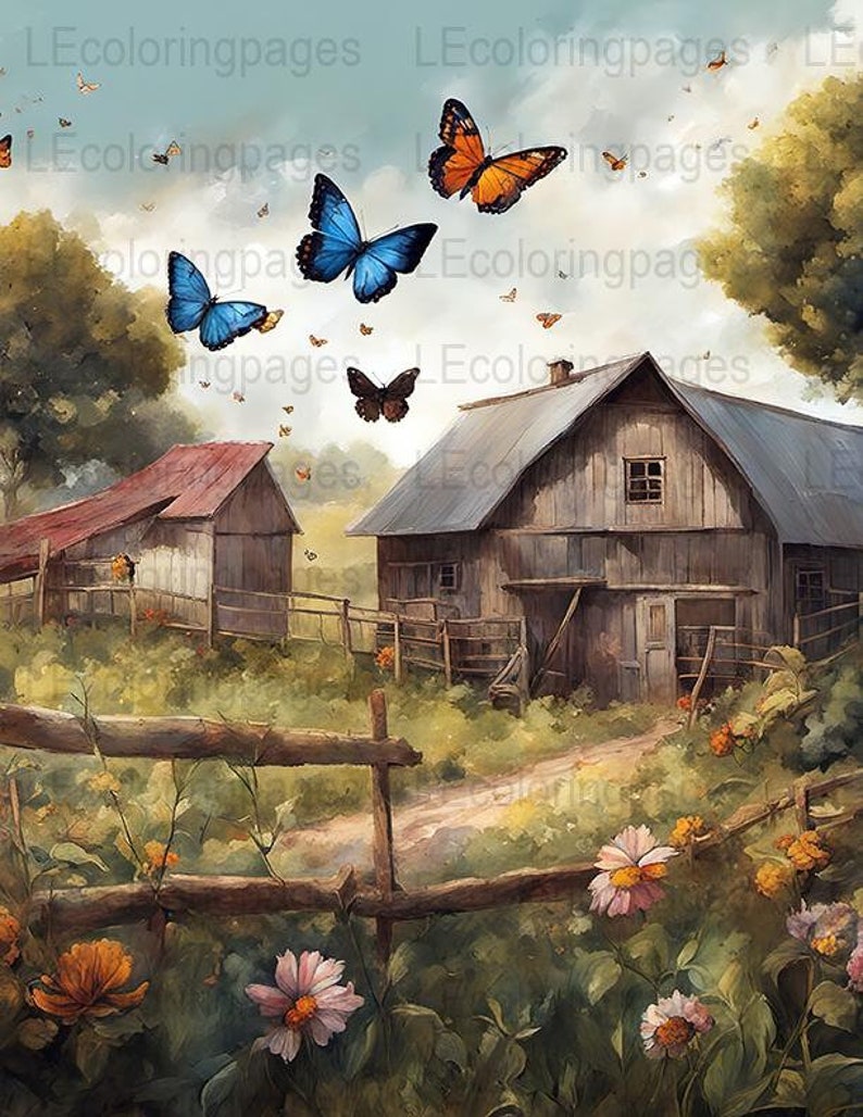 Rustic Farm Country Coloring Page for Adults, Grayscale Barn Scene ...