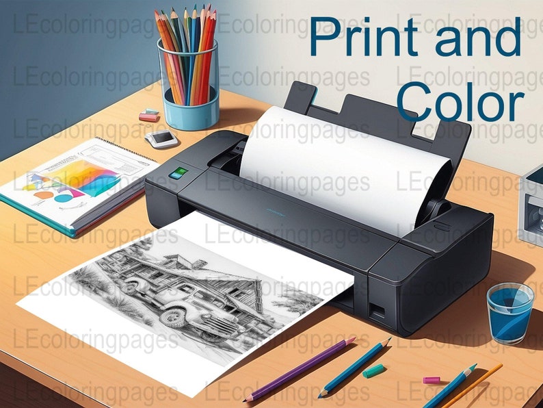 Grayscale Vintage Truck and Barn Scene, Adult Coloring Page, Printable ...