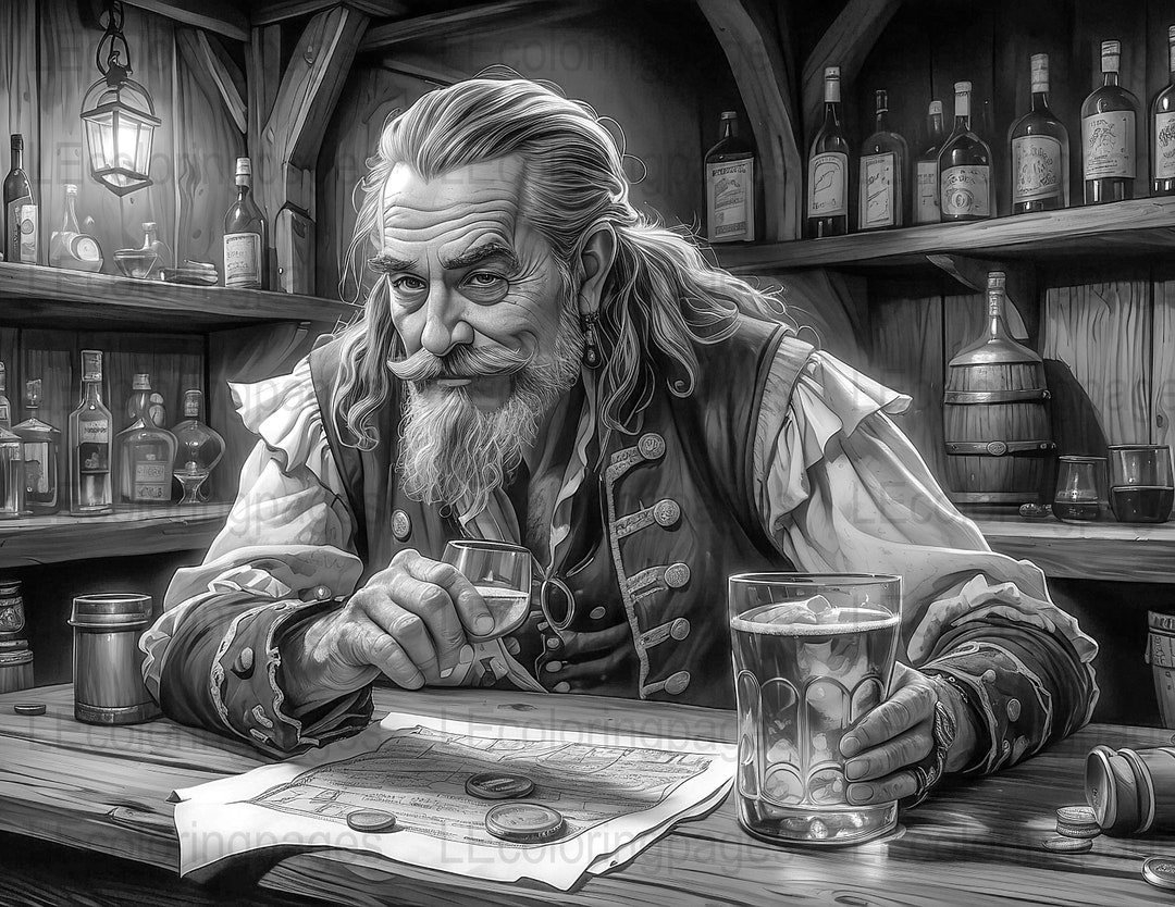 Grayscale Pirate Tavern Adult Coloring Page, Printable Intricate Line ...