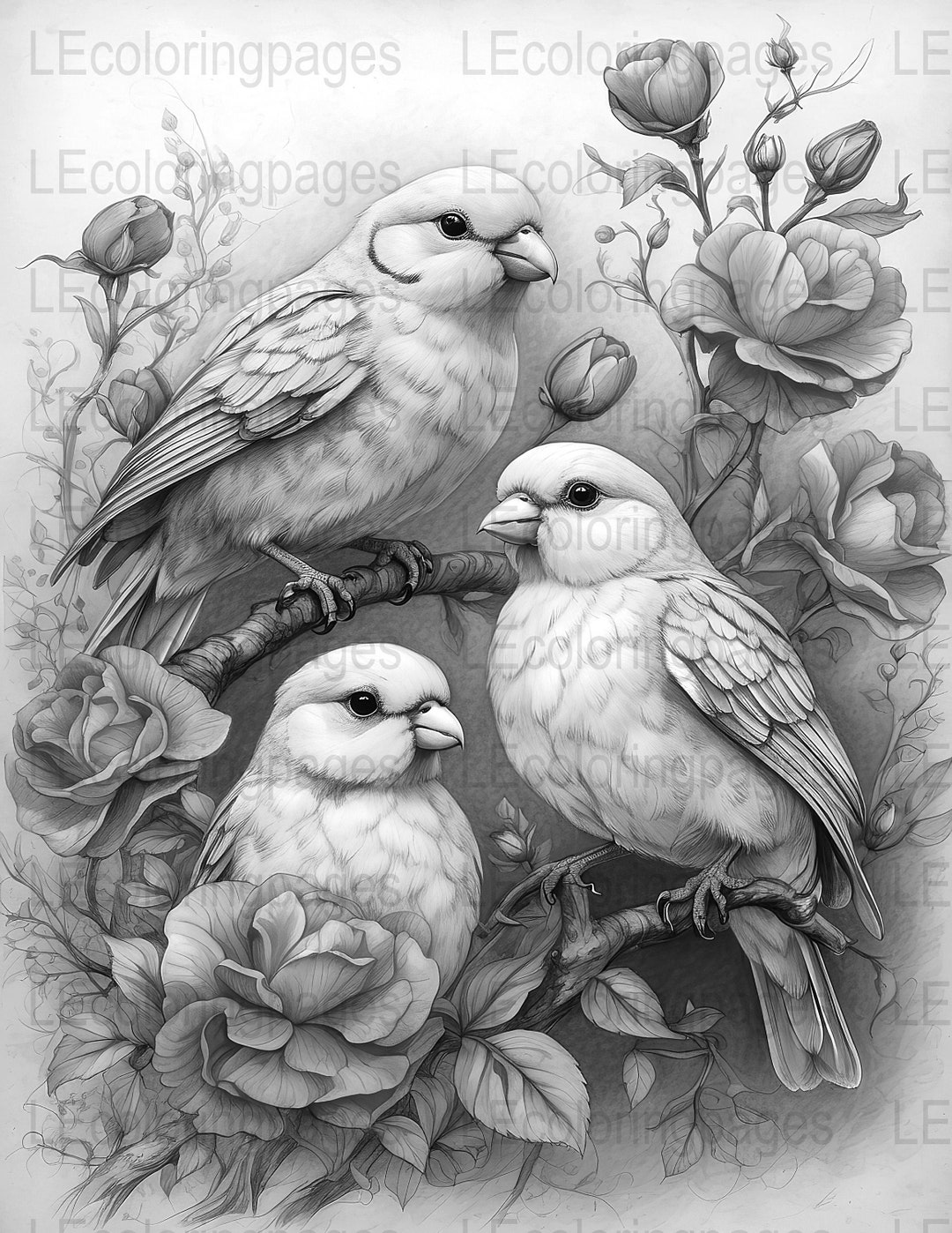 Adult Coloring Page, Grayscale Birds and Flowers, Printable Relaxing ...