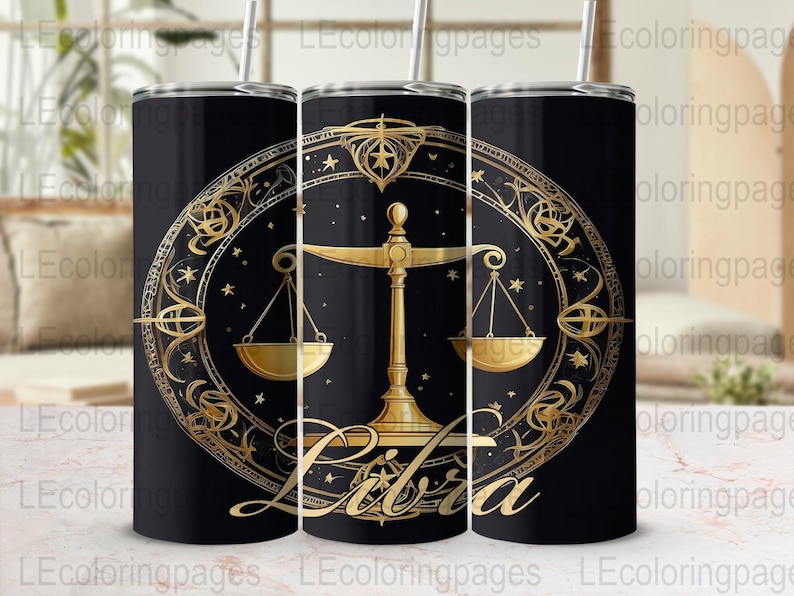 20 Oz Skinny Tumbler Wrap, Zodiac Libra Design, Gold Black Astrology ...