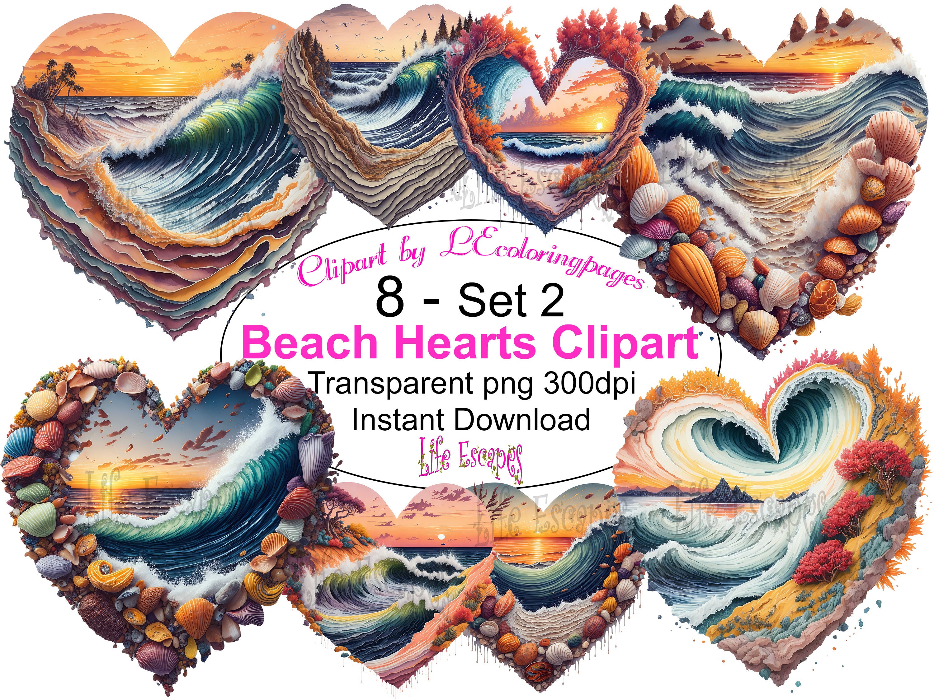 Printable Love the Beach in a Heart Clipart Bundle Set 2, PNG ...