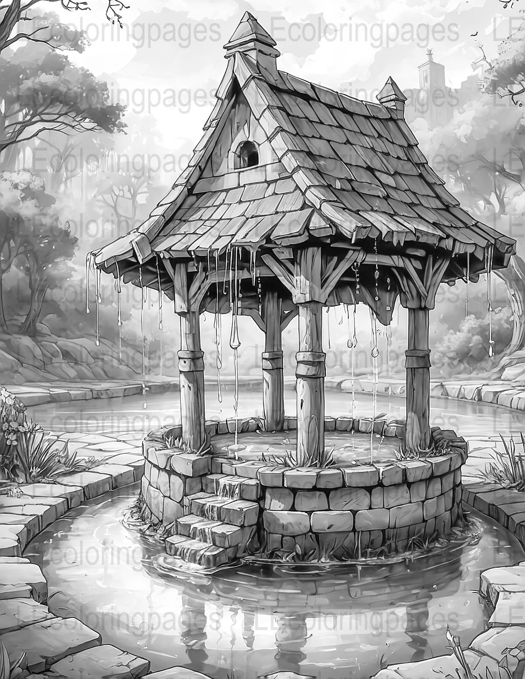 Enchanted Wishing Well Coloring Page, Printable Grayscale Scenery ...