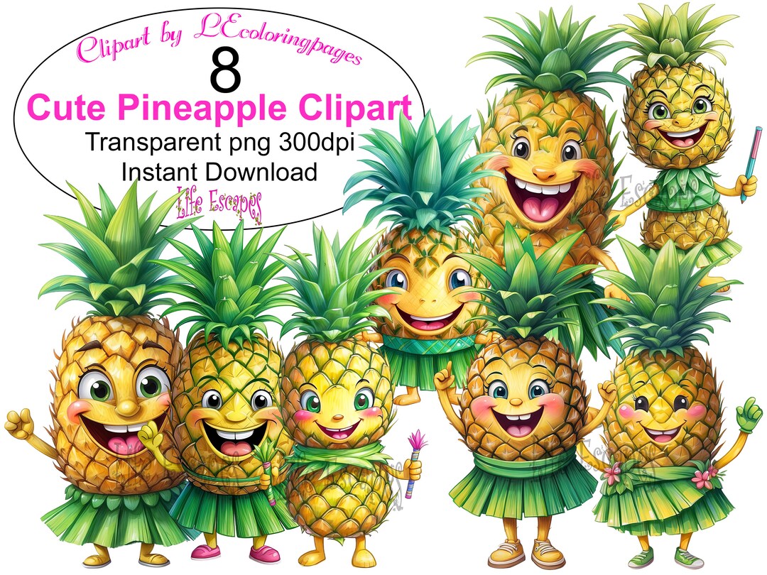 Cute Pineapple Clipart Set, Cartoon Pineapples, Digital Download ...