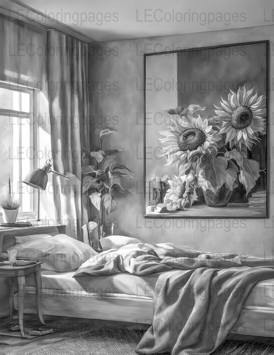 Sunflowers Grayscale Coloring Page for Adults #54 Instant Download ...