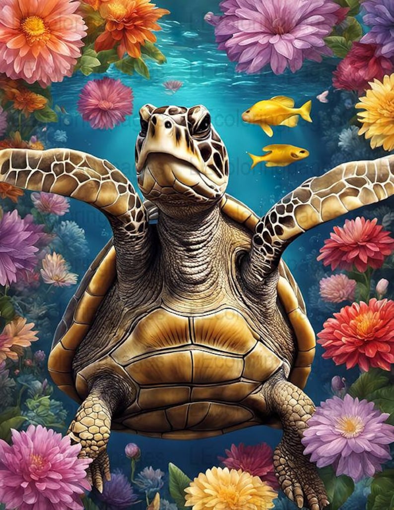 Printable Adult Coloring Page, Grayscale Turtle Design, Floral ...