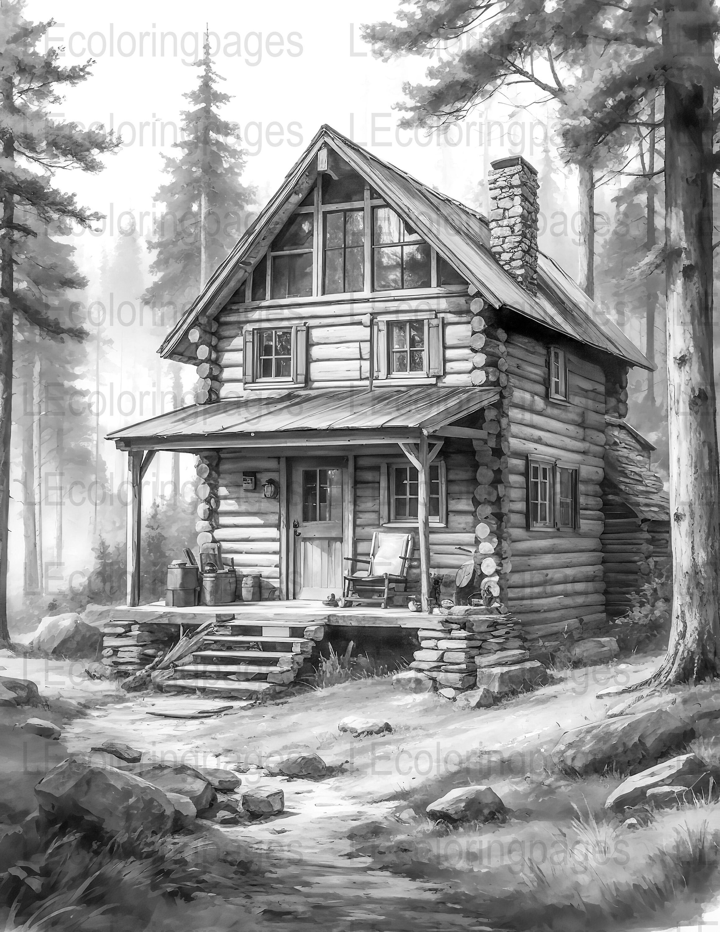 Hunting Cabin Grayscale Coloring Page for Adults #16 - Instant Download ...