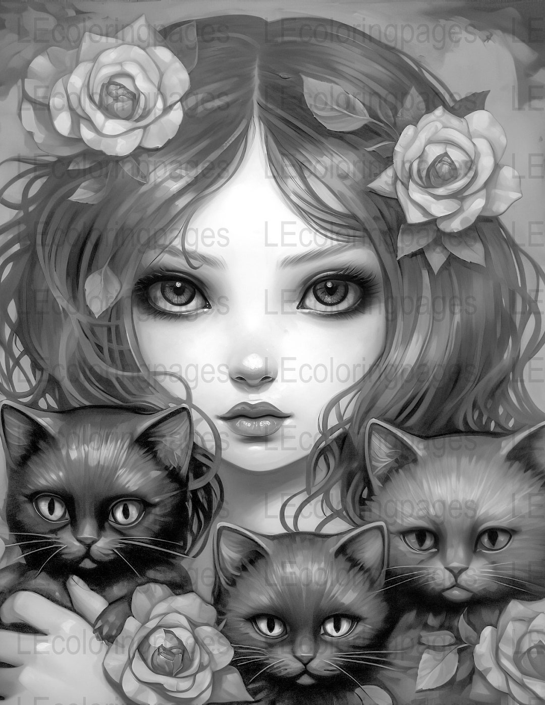 Gothic Cat Girl Grayscale Coloring Page for Adults #94 - Instant ...