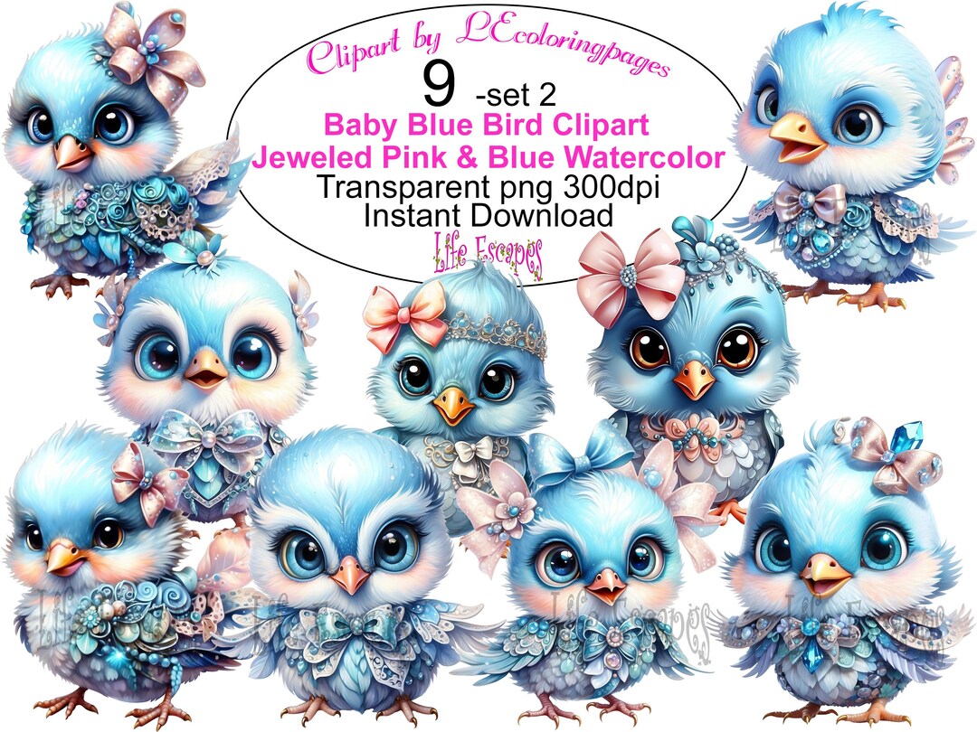 Baby Blue Bird Clipart Set, Jeweled Pink Blue Birds, Watercolor Bird ...