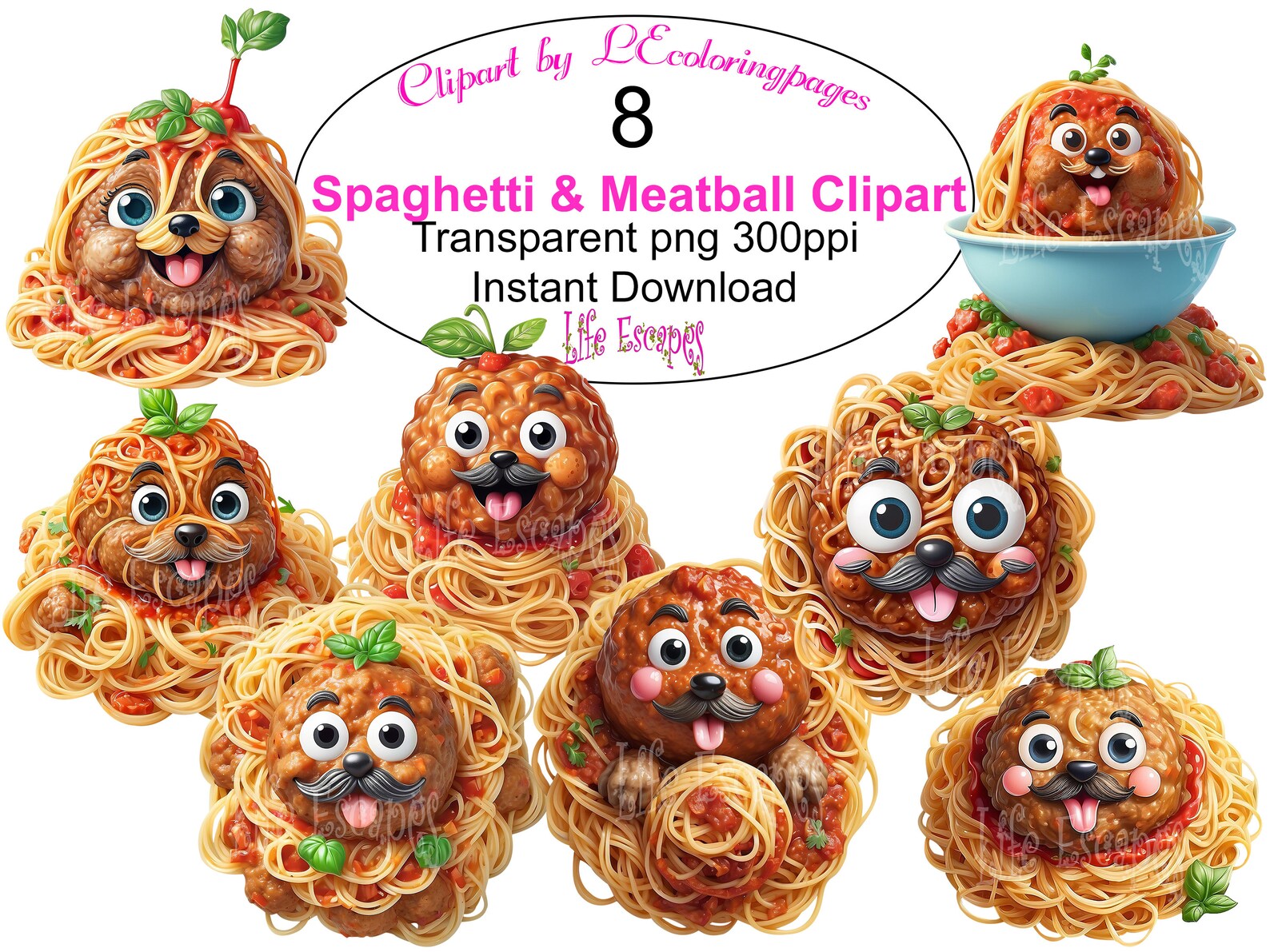 Spaghetti and Meatball Clipart Set, Cute Pasta Characters, Digital PNG ...