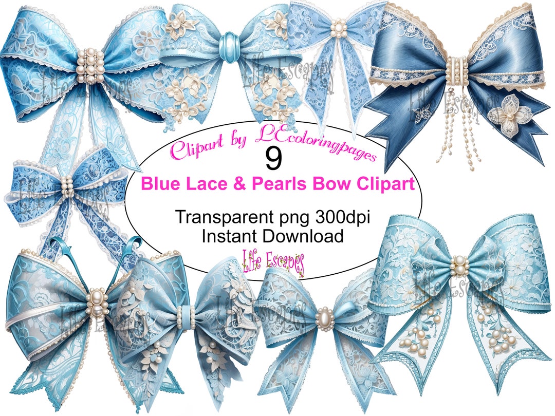Elegant Blue Lace and Pearls Bow Clipart Set, Vintage Style Digital ...