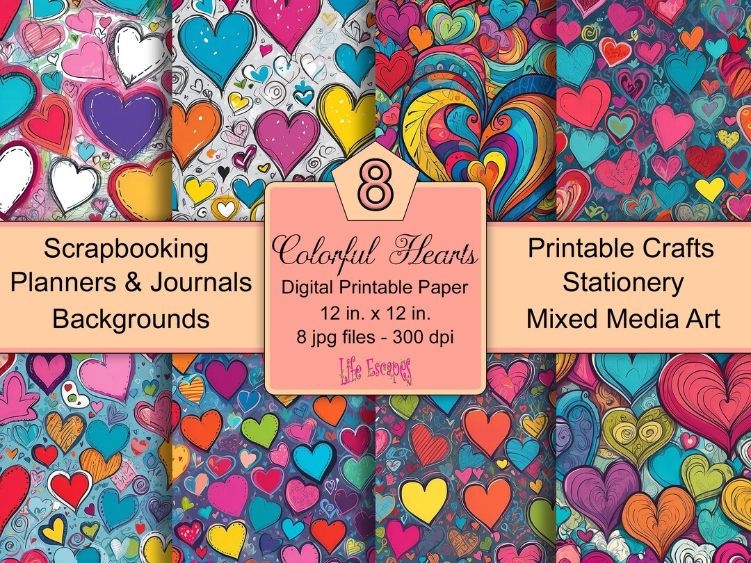 Colorful Hearts Digital Paper Pack, Printable Scrapbooking Backgrounds ...
