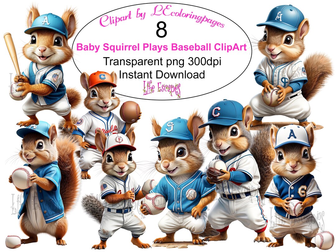 Baby Squirrel Baseball Clipart, Sports Illustrations (digital Download ...
