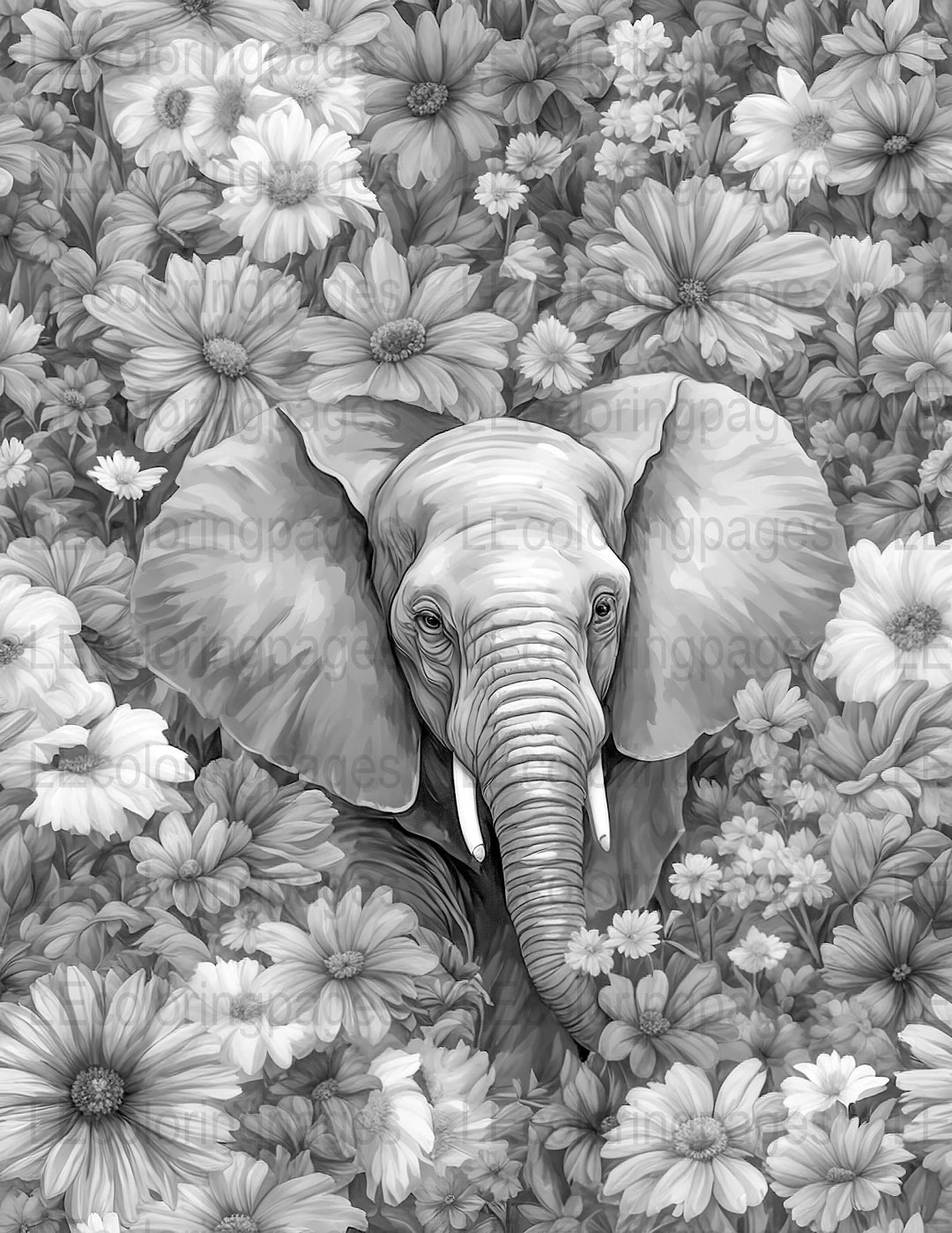 Adult Coloring Page, Printable Elephant in Flower Garden, Grayscale ...