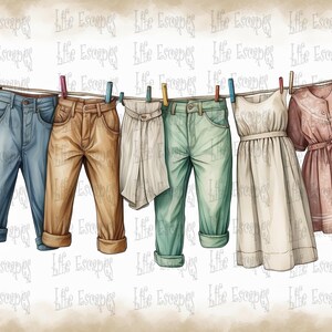 Vintage Laundry Clothesline Clipart Set, Watercolor Clothes ...