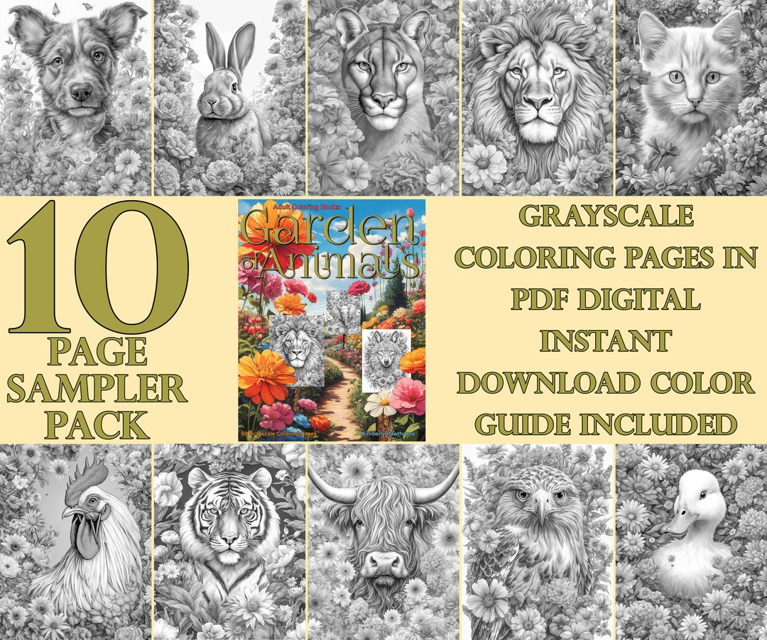 Garden of Animals, 10 Grayscale Coloring Pages, Instant Download PDF ...