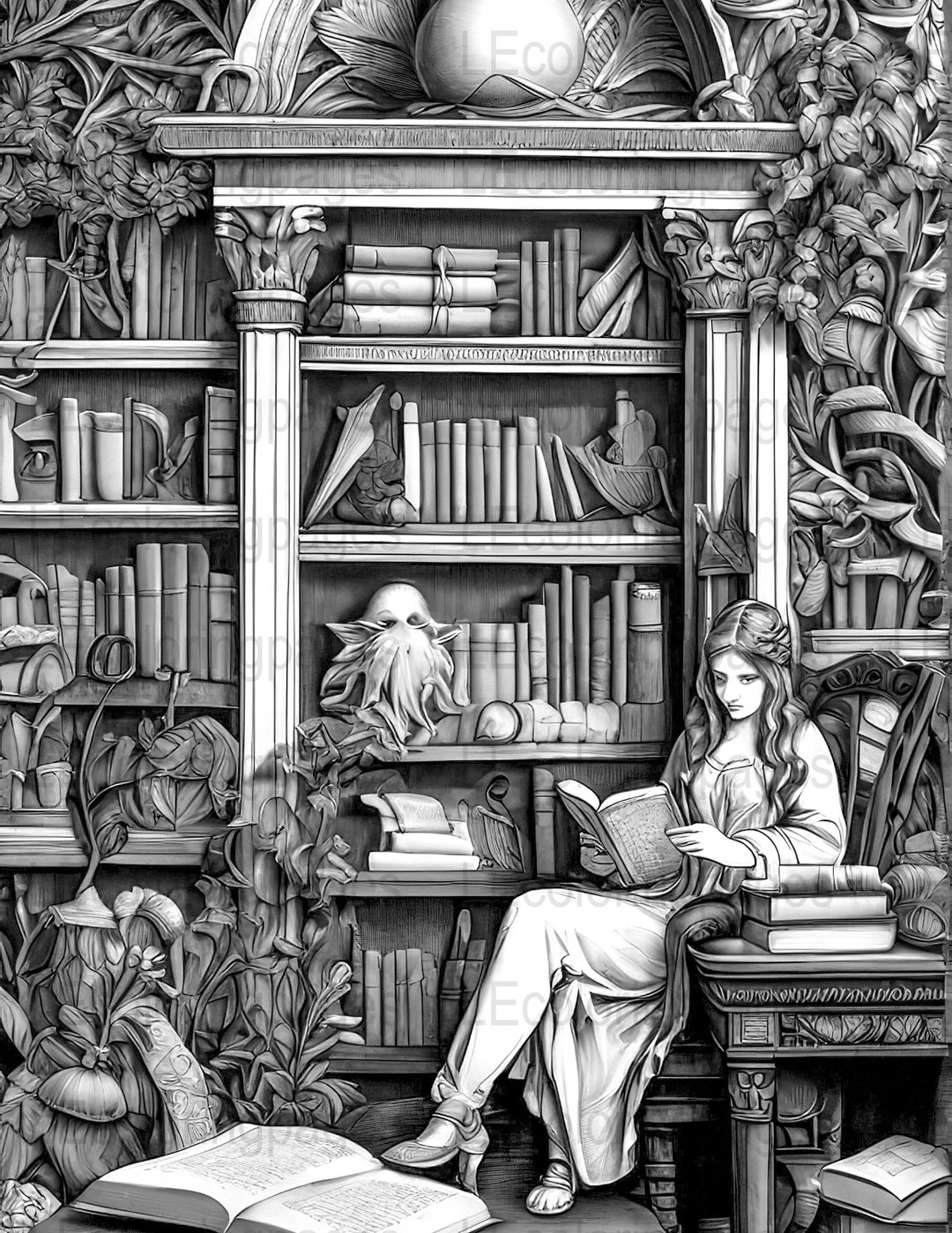 Adult Coloring Page, Grayscale Fantasy Library Scene, Printable JPG ...