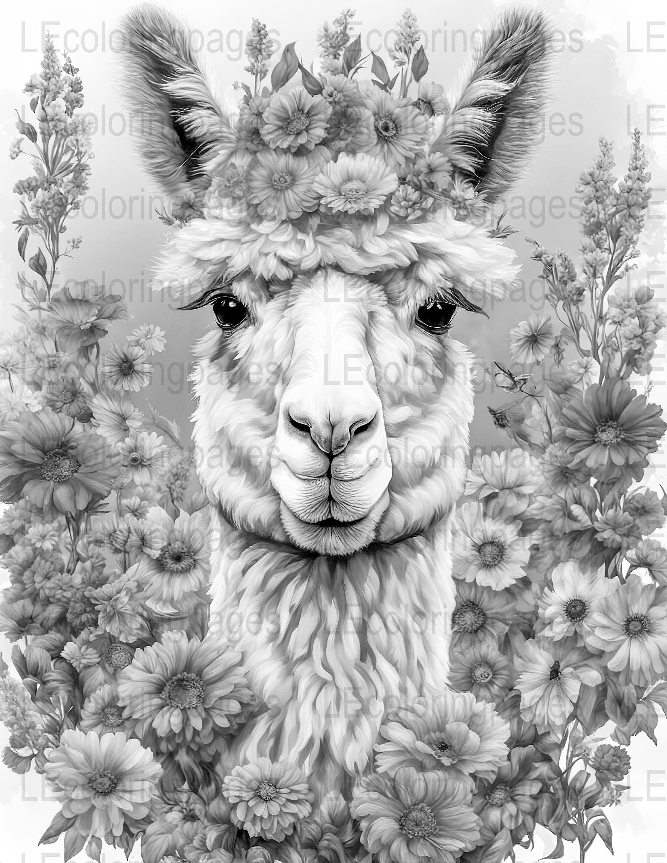 Adult Coloring Page Printable, Grayscale Llama With Flowers, Intricate ...