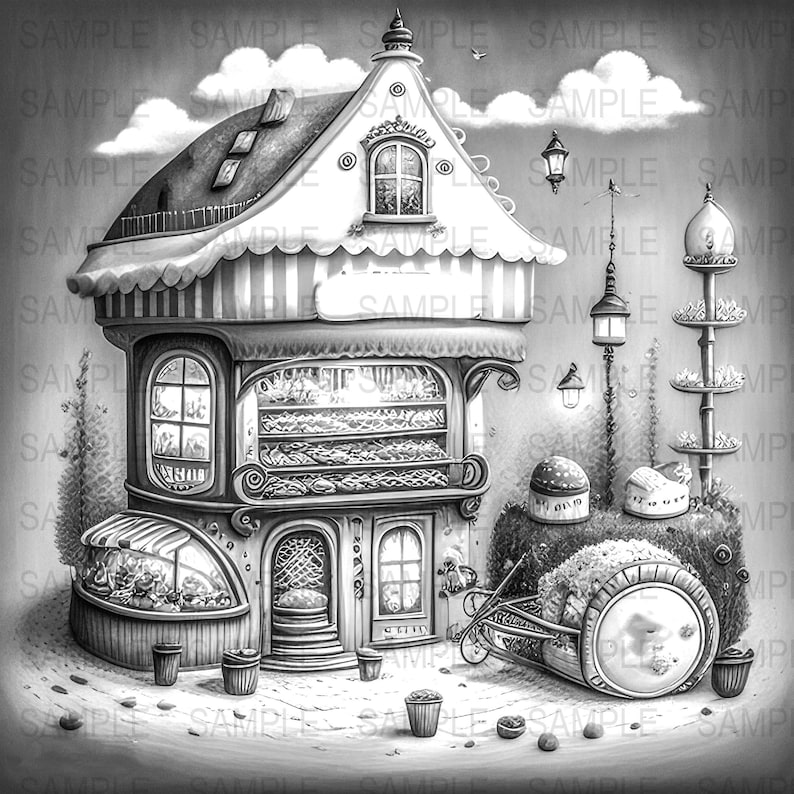 Printable Adult Coloring Page 3D Whimsical Bakery 8x8 - Etsy