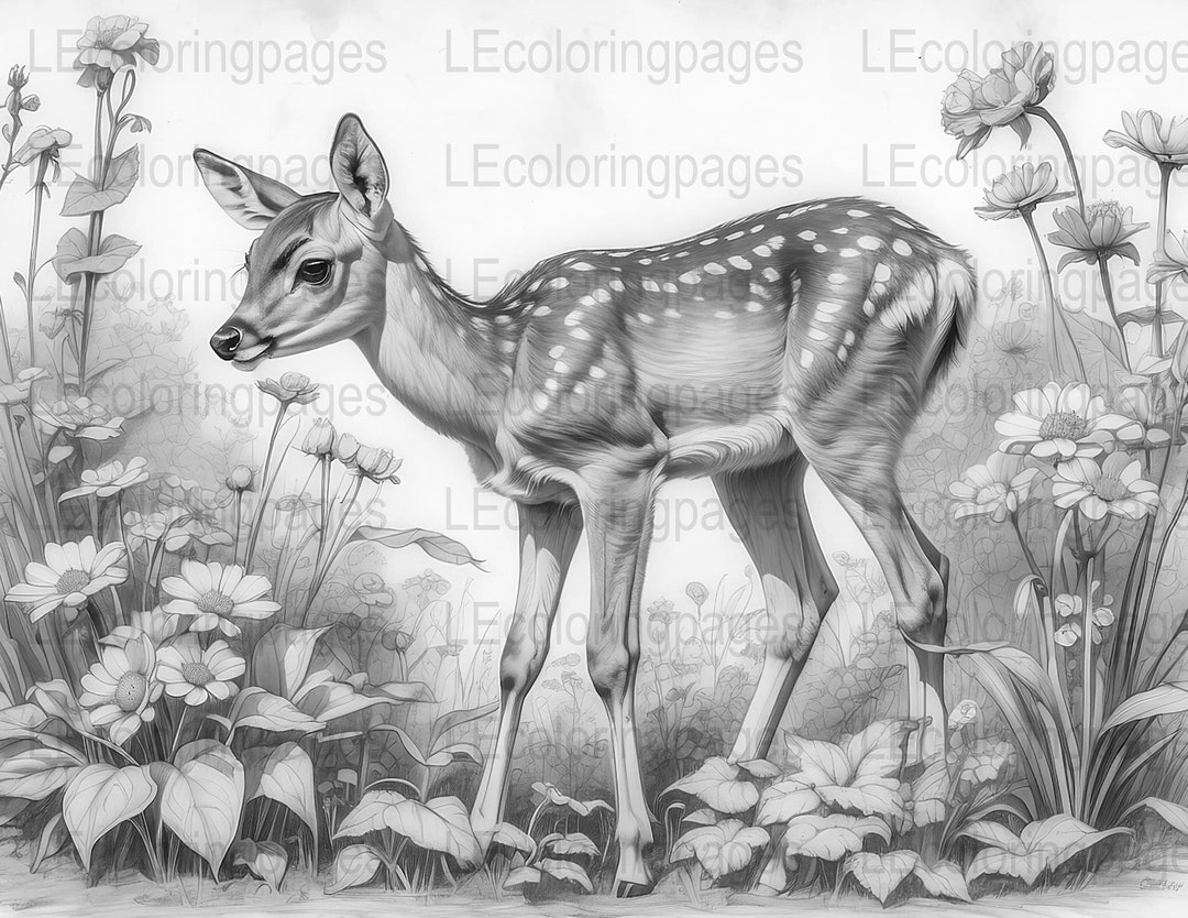Grayscale Deer Coloring Page for Adults, Printable Forest Animal ...
