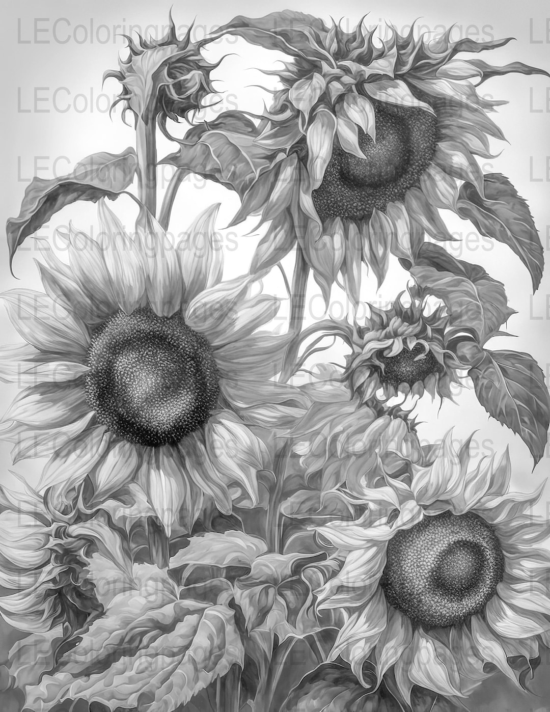 Sunflowers Grayscale Coloring Page for Adults #96 Instant Download ...
