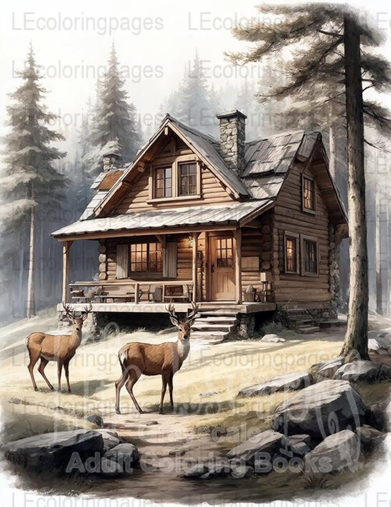 Hunting Cabin Grayscale Coloring Page for Adults #44 - Instant Download ...