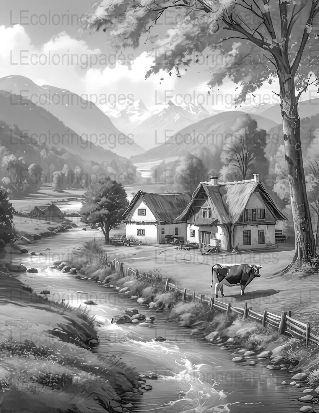 Rustic Cabin Landscape Adult Coloring Page, Printable Grayscale Scenery ...