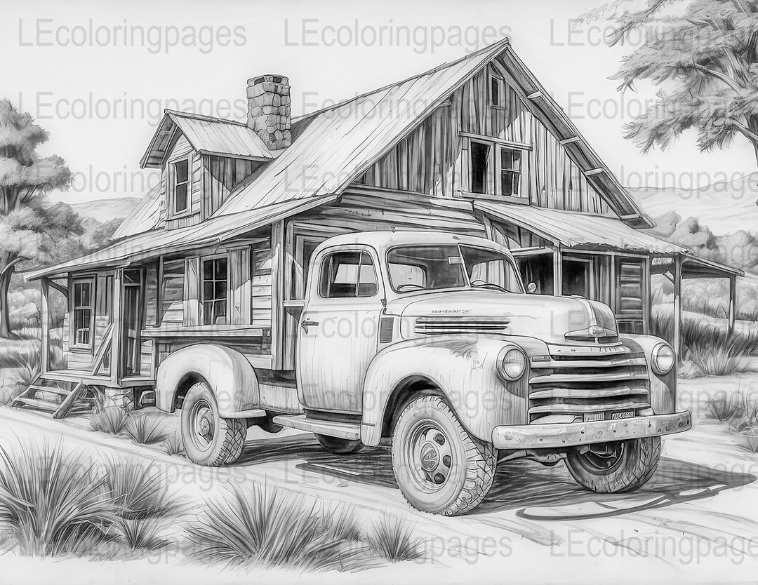 Grayscale Vintage Truck and Barn Scene, Adult Coloring Page, Printable ...