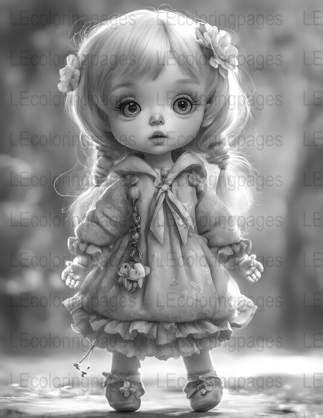 Grayscale Doll Coloring Page for Adults, Printable Vintage Doll ...