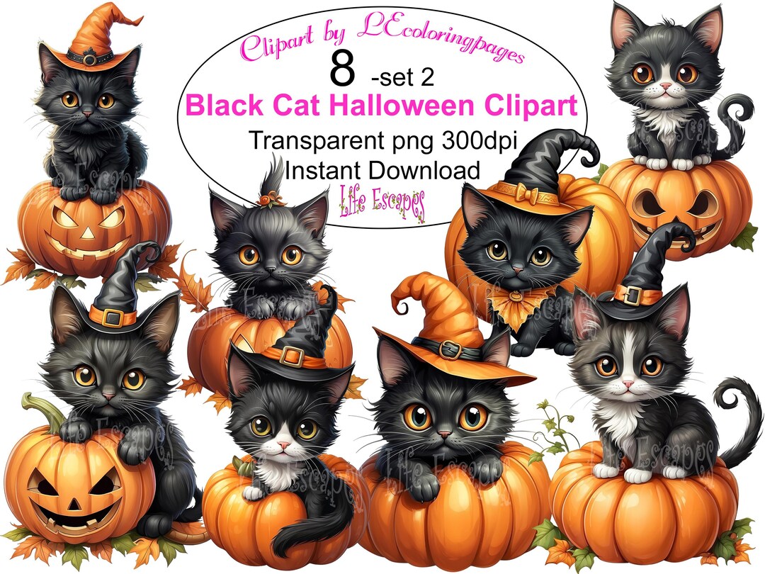 Halloween Black Cat Clipart Set, Instant Download, Transparent PNG ...