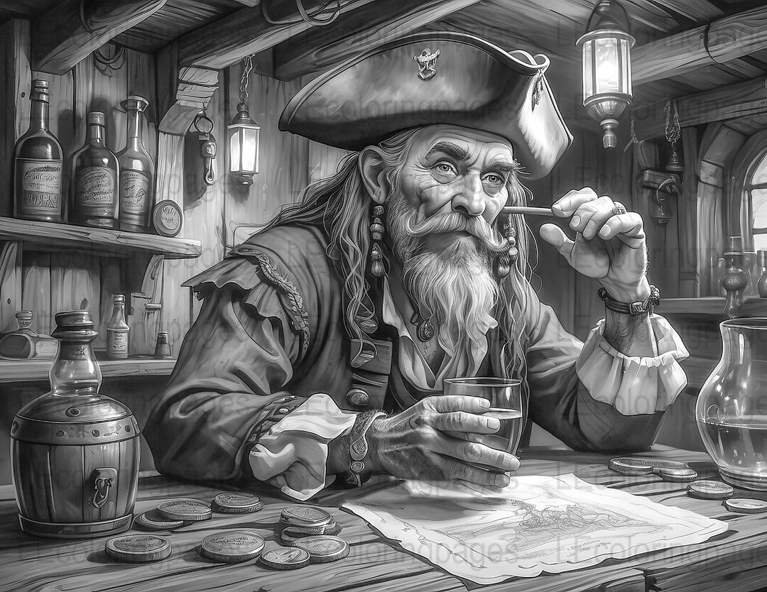 Adult Coloring Page Printable, Grayscale Pirate Theme, Stress Relief ...