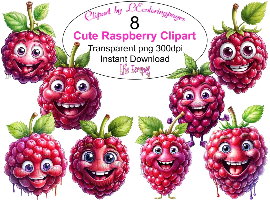 Cute Raspberry Clipart Set, 8 Digital PNG Files, Commercial Use, POD ...