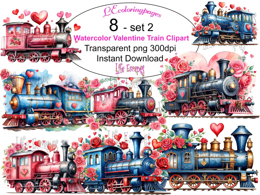 Watercolor Valentine Train Clipart, Romantic Locomotive Set, Digital ...