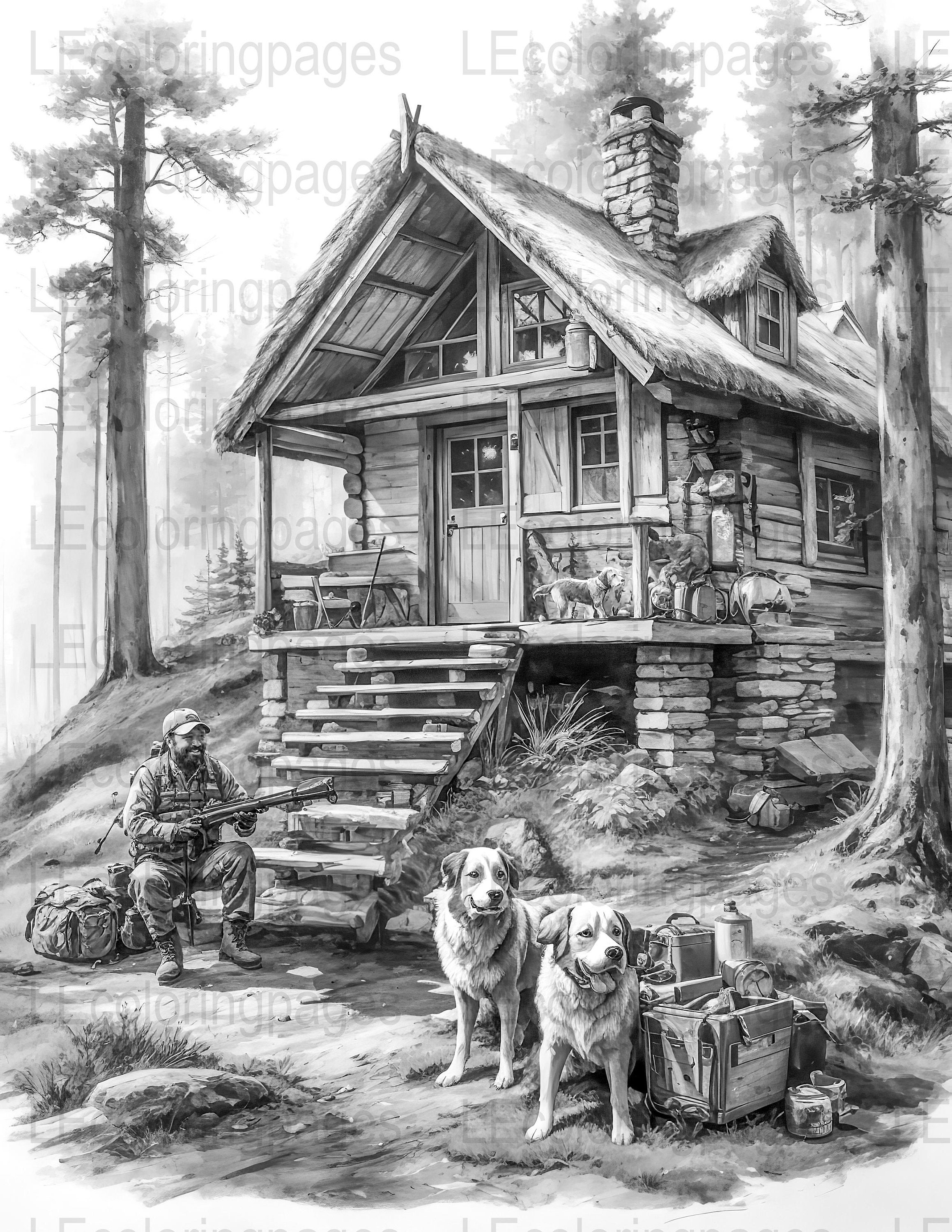 Hunting Cabin Grayscale Coloring Page – Rustic Forest Scene (digital ...