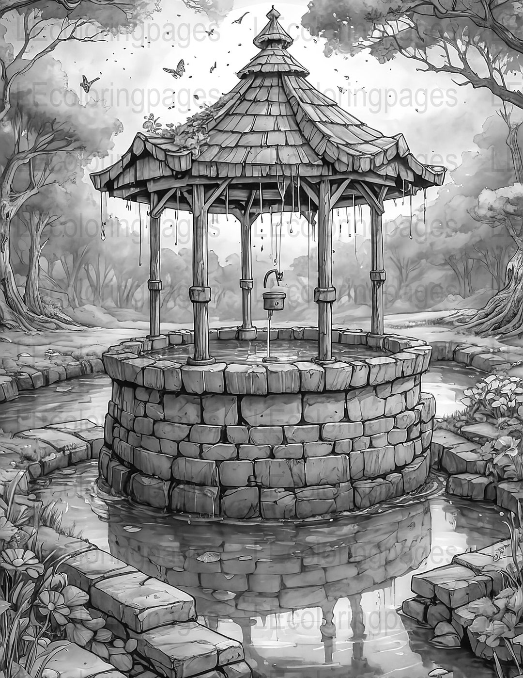 Enchanted Wishing Well Printable Adult Coloring Page, Grayscale ...