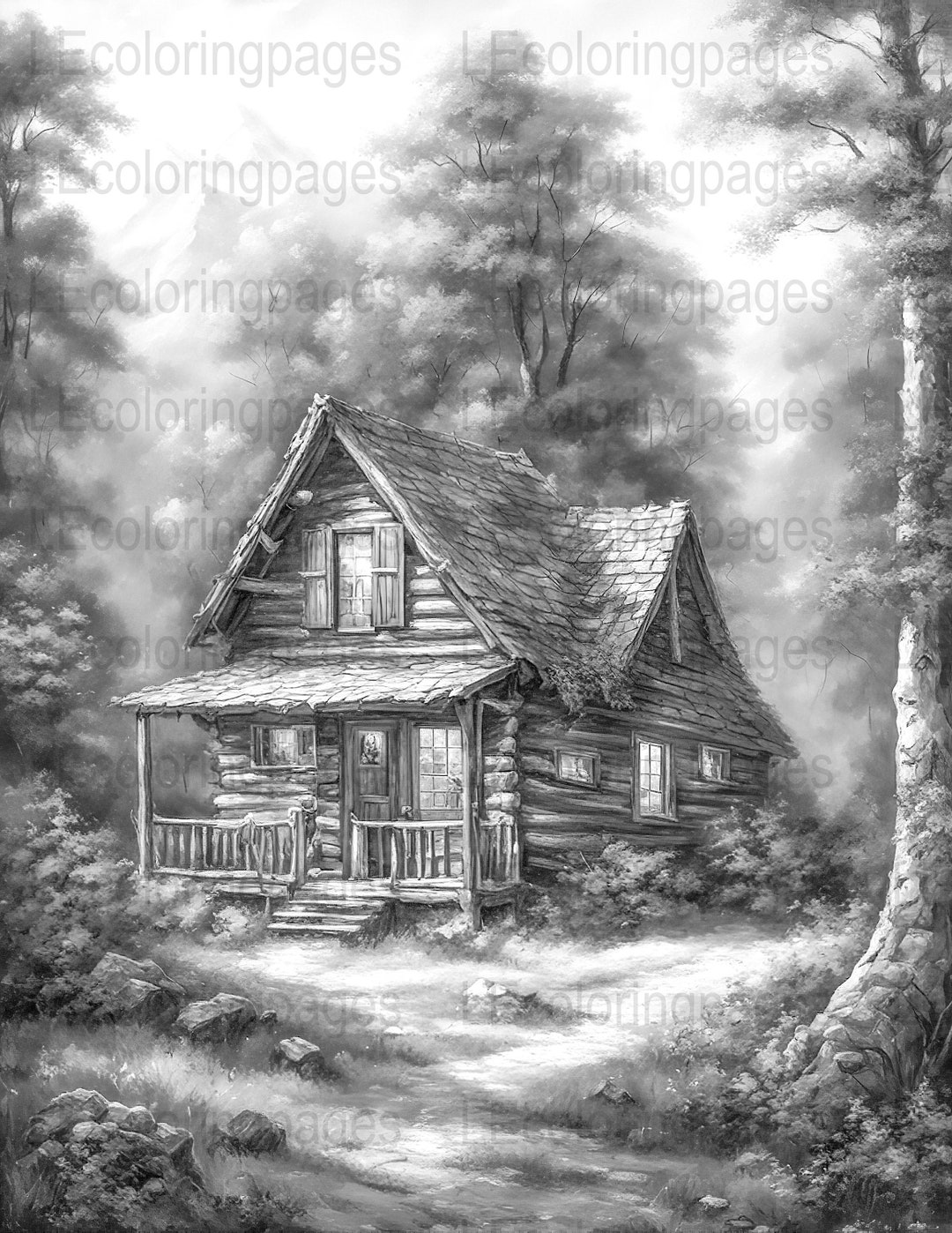 Hunting Cabin Grayscale Coloring Page for Adults #2 - Instant Download ...